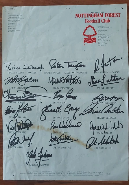 NOTTINGHAM FOREST ORIGINAL OFFICIAL CLUB AUTOGRAPH SHEET 1982 printed ...