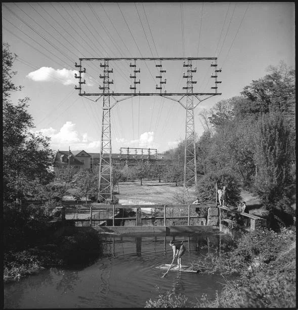 HIGH-VOLTAGE LINE AT the Wildegg power plant in Switzerland 1946 Old ...