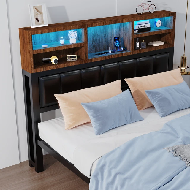 DOUBLE BED FRAME Industrial Metal Platform Bed w/ LED Headboard and ...
