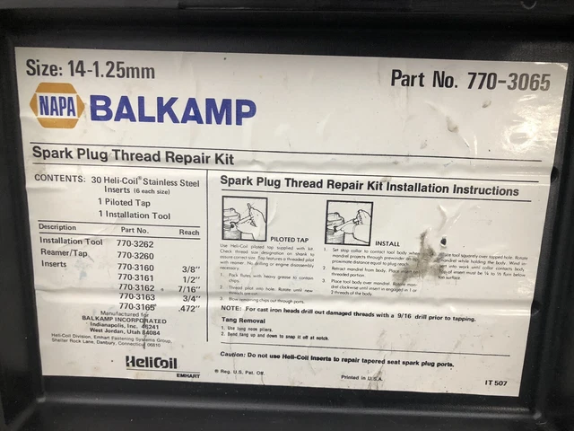 NAPA BALKAMP HELICOIL 770-3065 14mm Spark Plug Thread Repair Kit with ...