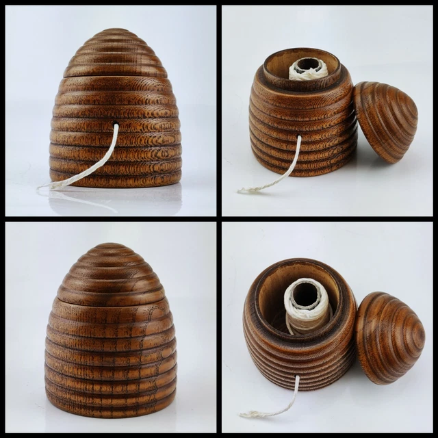 ANTIQUE VINTAGE TREEN Solid turned Wood Beehive String Holder box ...