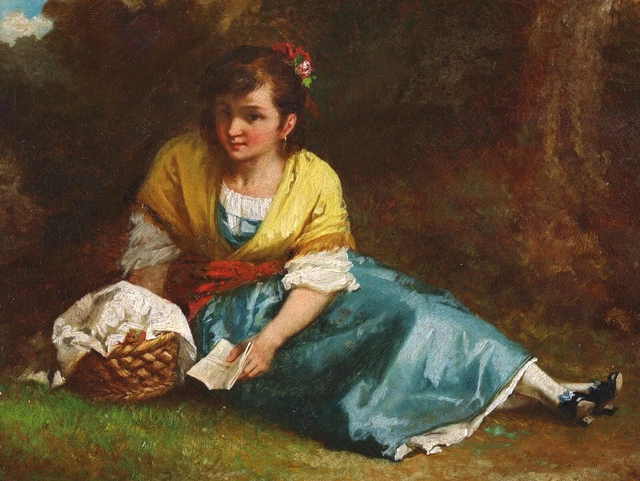 PEINTURE À L'HUILE antique fille dans un paysage par Giacomo Casa ...