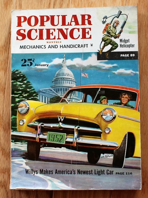 POPULAR SCIENCE MAGAZINE January, 1952; Midget Helicopter; Willys New ...