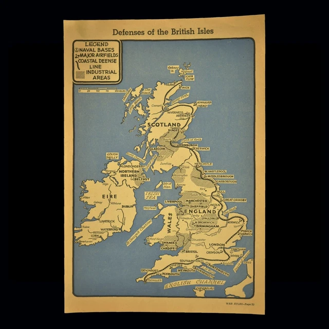 WWII BRITISH ISLES DEFENSES Map Coastline General Headquarters Line GHQ ...