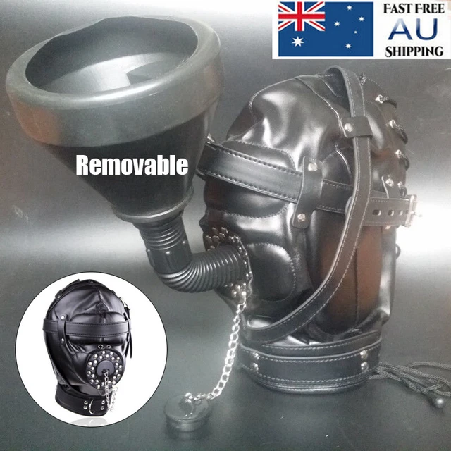 PU LEATHER HEAD Hood Gimp Mask Mouth Gag Funnel Sensory Deprivation ...