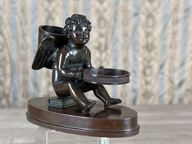 ANTIQUE INKWELL BRONZE Empire Love Putto Wings Seated On Un Book 19ème ...