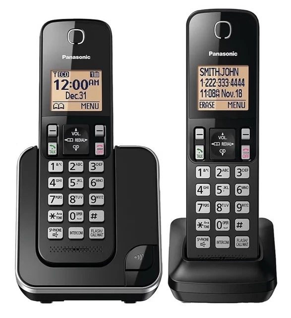 PANASONIC KX-TGC352B CORDLESS Phone System 2 Handsets Black Backlit ...