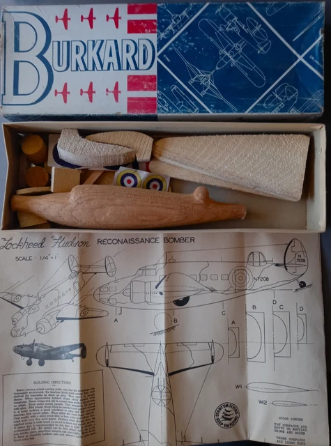 LOCKHEED HUDSON WOOD MODEL KIT Burkard 1940s Unassembled Orig Box ...