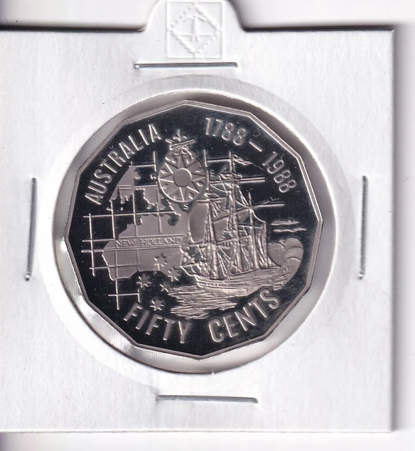 AUSTRALIAN PROOF: 1988 50 Cent Bicentennial First Fleet Coin In 2X2 ...