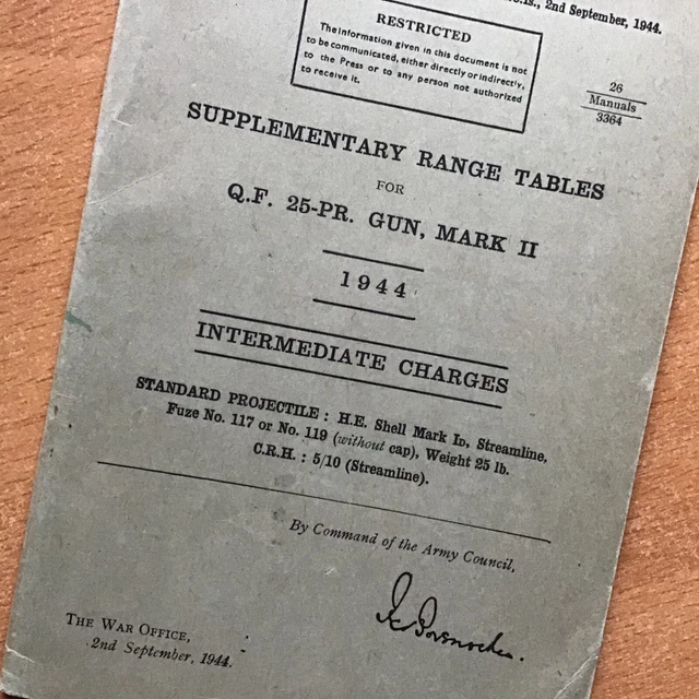 WW2 BRITISH ARTILLERY Manual: Range Tables For 25-Pr Gun, H.e. Shell ...