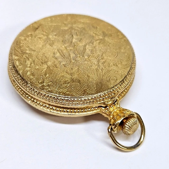 VINTAGE MAX FACTOR Victorian Ornate Gold-Tone Pocket Watch Compact Puff ...