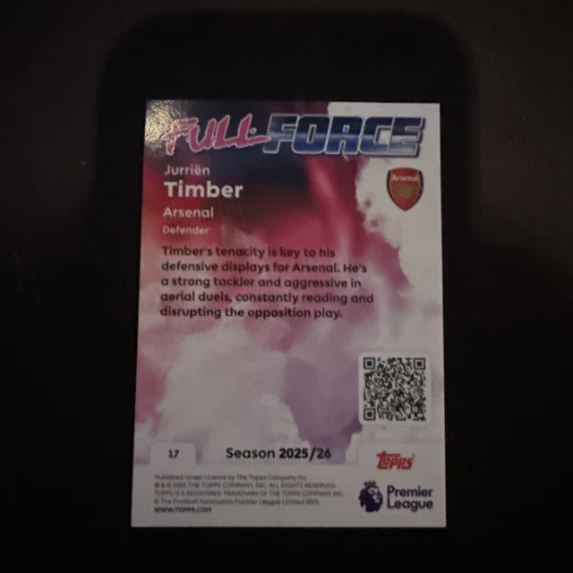 TOPPS 2025/2026 PREMIER League Full Force Jurrien Timber Arsenal Card ...