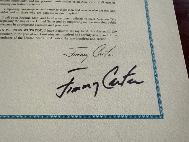 PRESIDENT JIMMY CARTER Rare Signed Full 1977 Veterans Day Proclamation ...