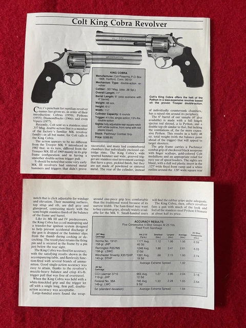 COLT KING COBRA Revolver Magazine Article/Print Ad Specs/Details ...