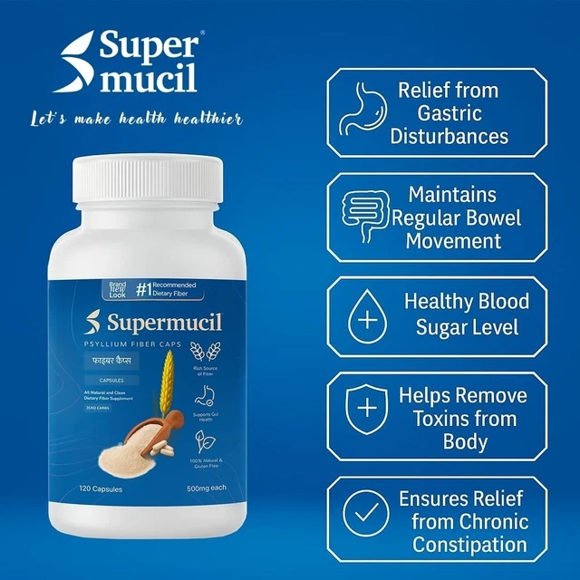 SUPERMUCIL PSYLLIUM HUSK 1500mg Per Serving 120 Capsules - Non-GMO ...