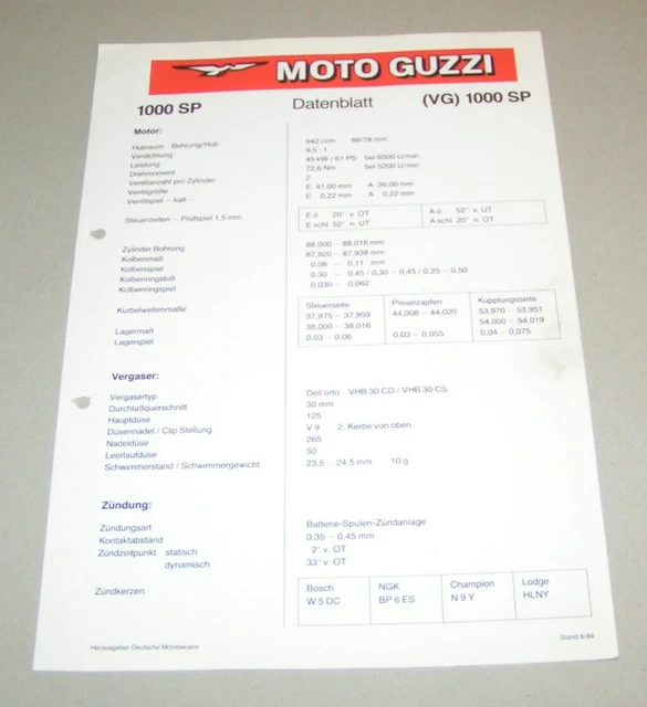FICHE TECHNIQUE / Valeurs de Réglage Moto Guzzi 1000 Sp - Support 1984 ...