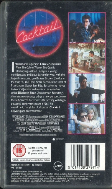 COCKTAIL (1988) VHS, Tom Cruise, Bryan Brown, Elisabeth Shue, Roger ...