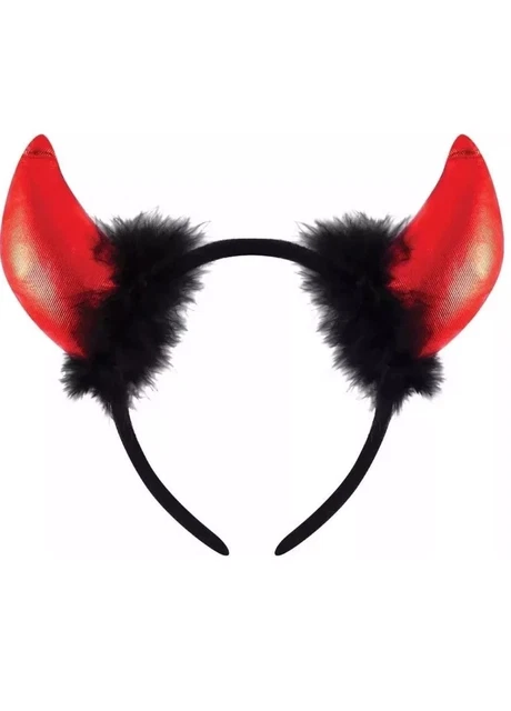 RED DEVIL HORNS Headband Fluffy Black Fur HalloweenFancy Party Costume ...
