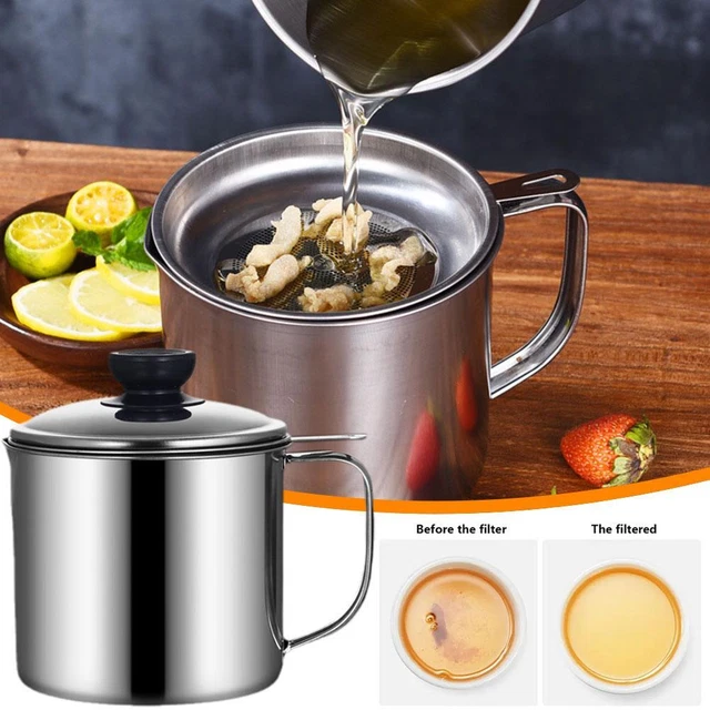 KITCHEN OIL STRAINER Pot Stainless Steel Grease Container Jug Storage ...
