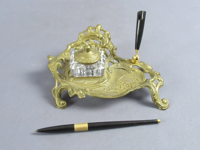 ANCIEN ENCRIER DE Bureau En Laiton Bronze Cristal Support Pour Stylo ...