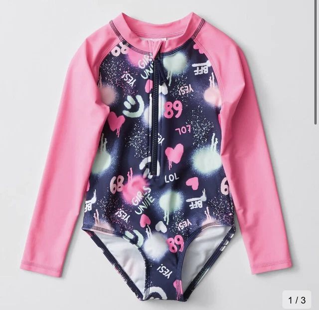 GIRLS SIZE 1 Long sleeve zip Swimsuit bathers Navy Pink Graffiti UPF50 ...