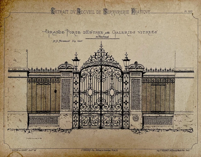 PLANCHE ARCHITECTE grande porte d'entrée avec galeries vitrées EUR 29 ...