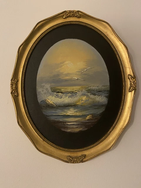 HOWARD GAILEY SIGNED Oil Painting Seascape Seagulls Waves Gilt Oval ...