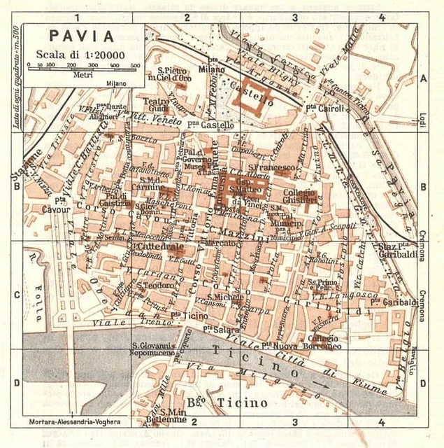 CARTA GEOGRAFICA ANTICA PAVIA minuscola pianta della città TCI 1937 ...