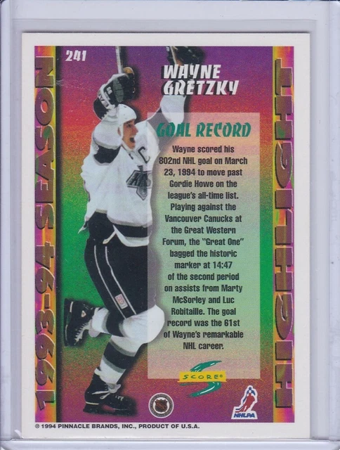 WAYNE GRETZKY HIGHLIGHT 1994 Score Hockey Card 241 Grade MT $2.49 ...