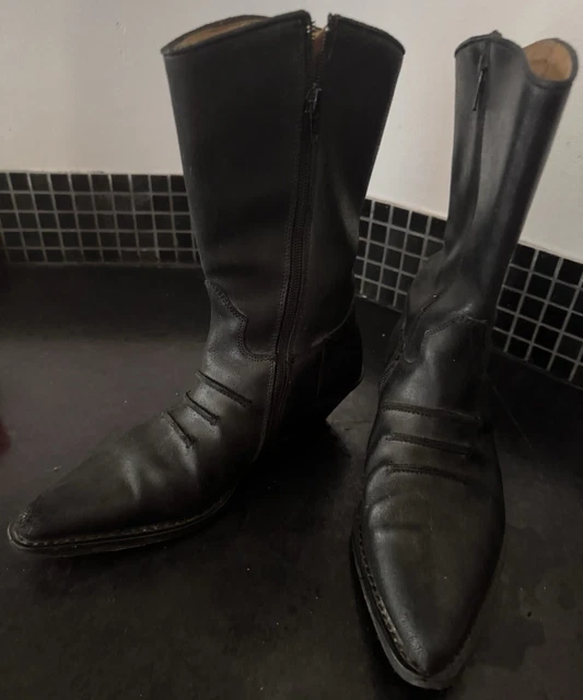 BLACK LEATHER COWBOY Mid-Calf Boots, Pointed Toe, Zip Closure UK 6 £37. ...