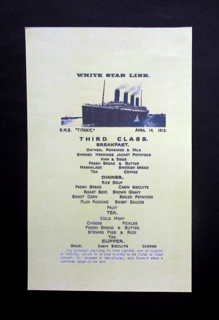 TITANIC VERY COLLECTABLE PAPER REPLICA THIRD CLASS MENU FOR APRIL 14th ...