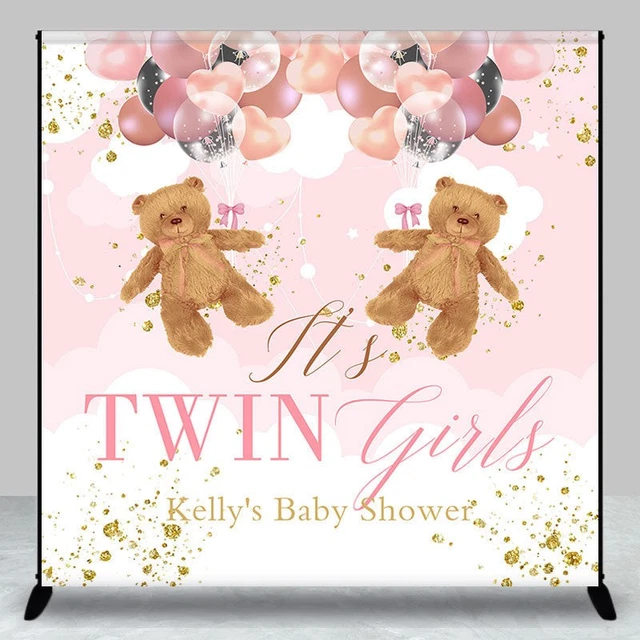 PINK TEDDY BEAR Custom Twins Baby Shower Backdrop $36.01 - PicClick AU