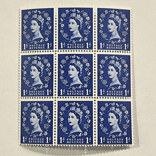 1950S-60S BRITAIN MINT MNH BLOCK OF 9 STAMPS WILDING 1d BLUE QUEEN ...