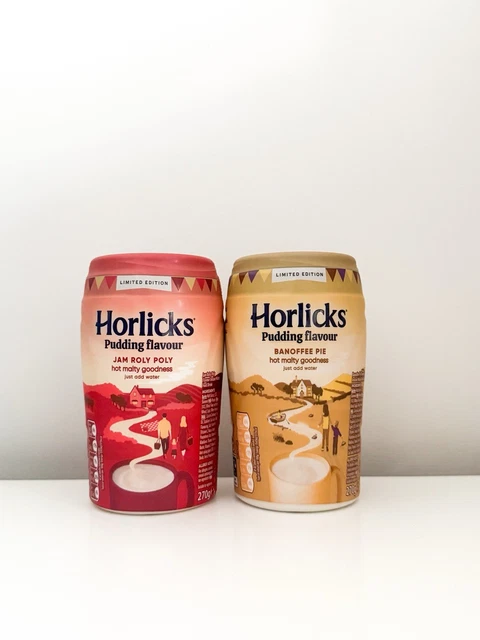 HORLICKS INSTANT MALTED Drinks Pudding Flavour Banoffee Pie & Jam Roly ...