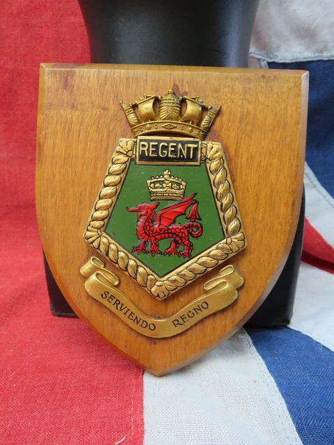 VINTAGE ROYAL NAVY Submarine HMS Regent Crest Wooden Wall Mess Plaque £ ...
