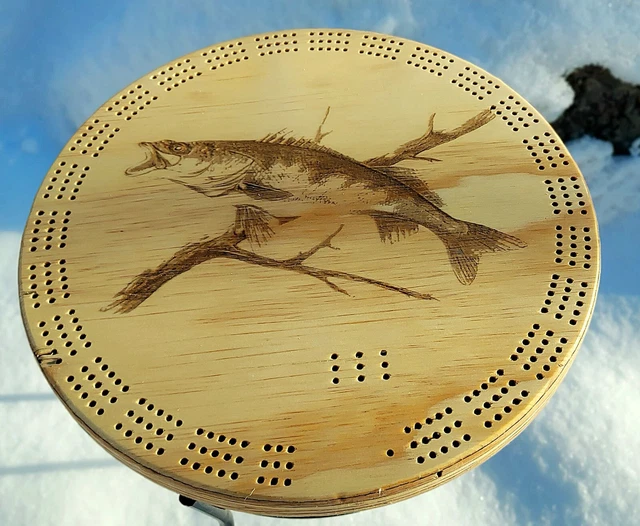 ROUND CRIBBAGE BOARD with Laser Engrave Walleye Scene Pine OSB 3 Sets ...