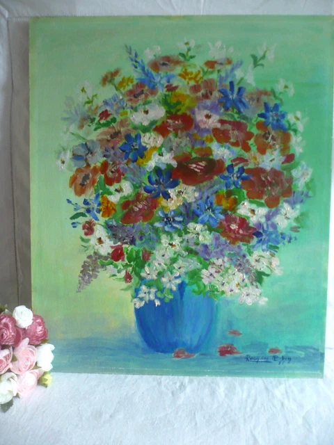 ANCIEN TABLEAU HUILE sur panneau bouquet de fleurs nature morte signé 60/50cm EUR 26,00 ...