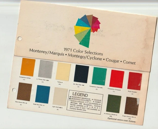 1971 MERCURY US Color Chart MONTEREY MARQUIS MONTEGO CYCLONE COUGAR ...