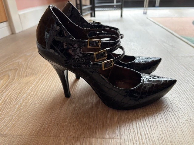 MODA IN PELLE Womens Shoes Mary Jane Black Patent Croc High Heel Buckle ...