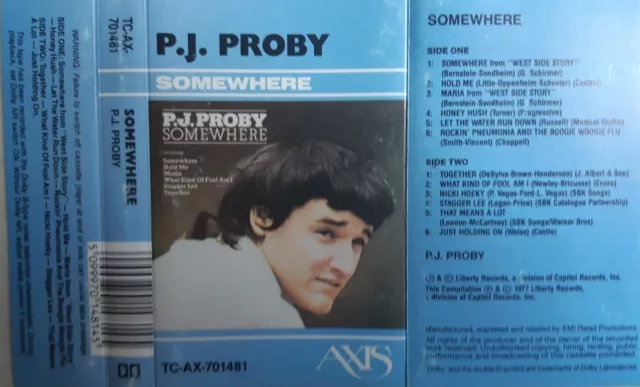 P. J. PROBY Somewhere Cassette Tape Features Somewhere From-Hold Me ...