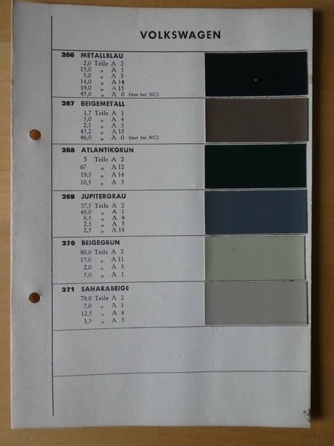ORIGINAL VW Farbtabelle FARBKARTE 50er Jahre Farbmuster Lackmuster EUR 38,00 - PicClick DE