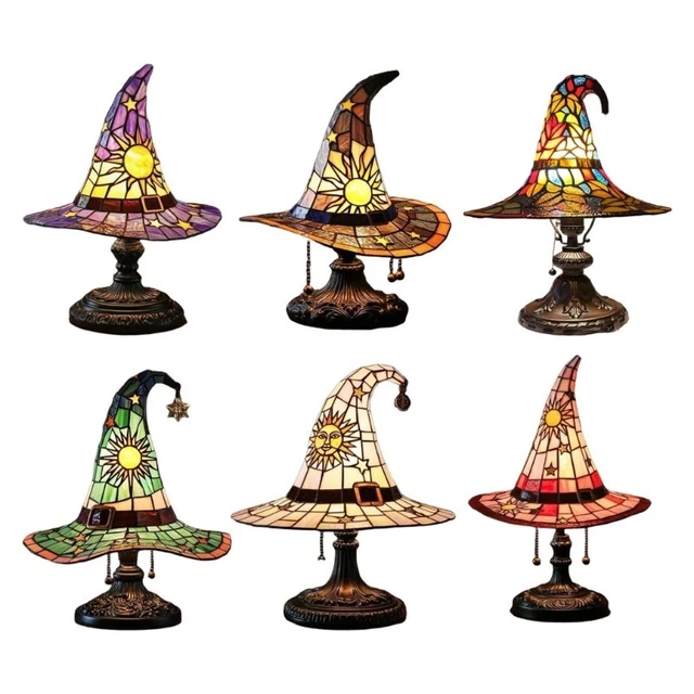 RETRO STAINED GLASS Night Light Wizard Hat Lamp Table Desk Light USB ...