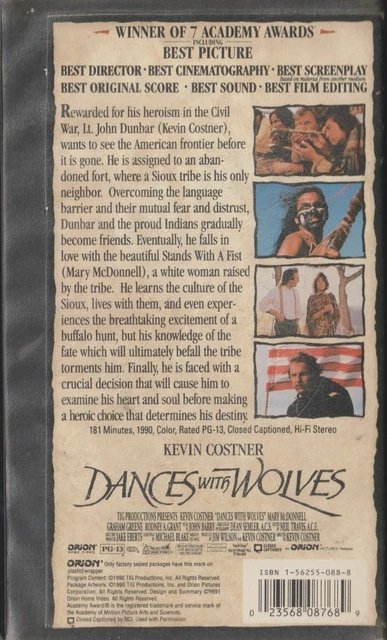 DANCES WITH WOLVES (VHS, 1993) Kevin Costner, Mary Donnell, Kirk Baltz ...