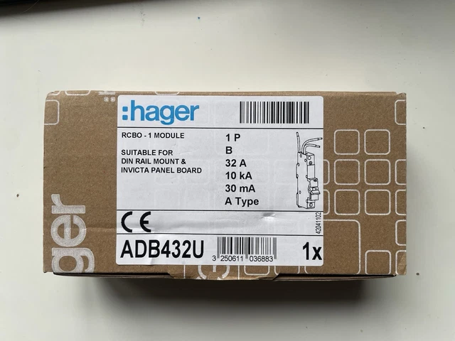 HAGER ADB432U RCBO 32A Type B 30mA 1P 10kA – Brand New Sealed £26.70 ...