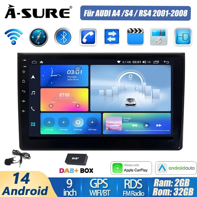 DAB+ 2+32G ANDROID 14 AutoRadio GPS Apple Carplay Für Audi A4 S4 B6 B7 2001-2008 EUR 144,99 ...