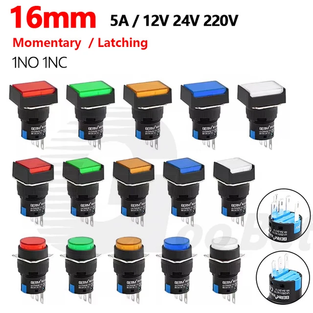 16MM PUSH BUTTON Switch Momentary Latching ON/OFF 5A 12V 24V 220V LED 1 ...