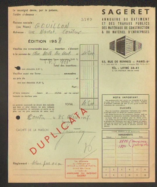PARIS (VI° ARRT.) EDITEUR D'ANNUAIRE pour Ets. BATIMENT "SAGERET" en ...