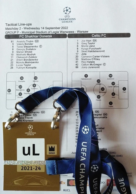 TICKET PLAYER PASS & Line-ups UCL 14/9/2022 Shakhtar Donetsk vs Celtic FC EUR 34,98 - PicClick DE