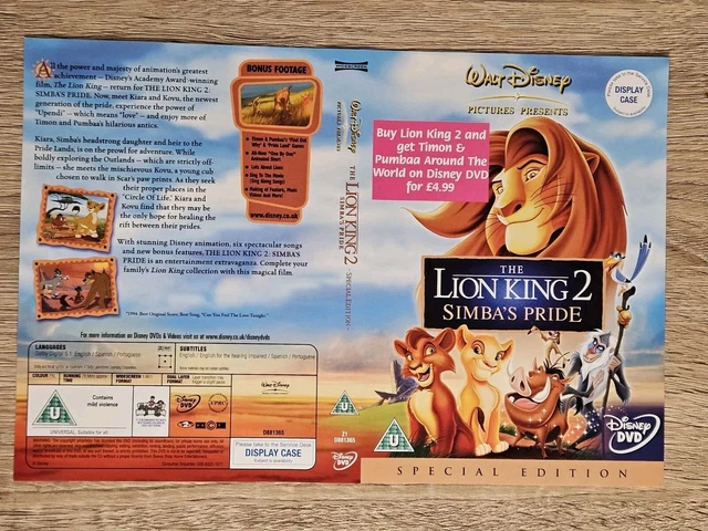 DISNEY LION KING 2 Simba's Pride DVD Replacement Display Case Sleeve ...