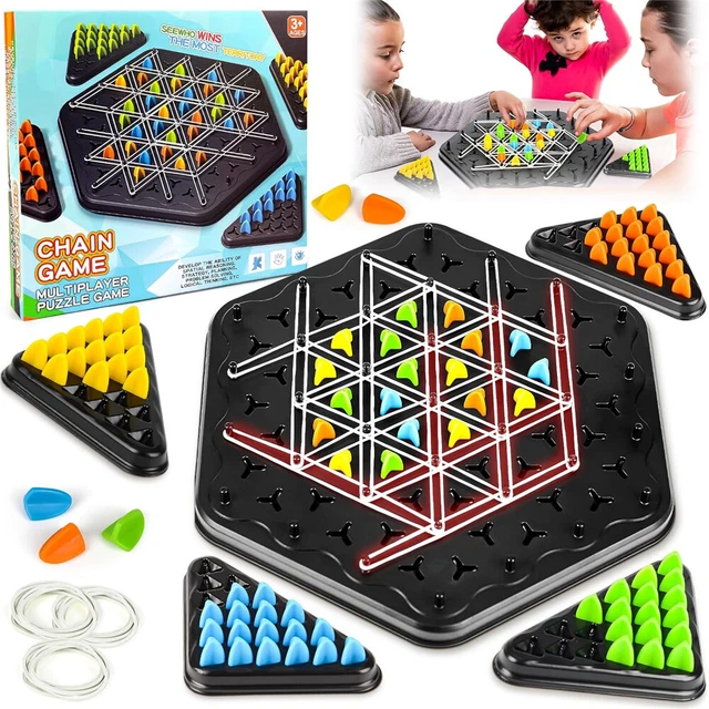 CHAIN TRIANGLES BOARD Game 4 Colour Pegs & Rubber Bands Kids Adults ...